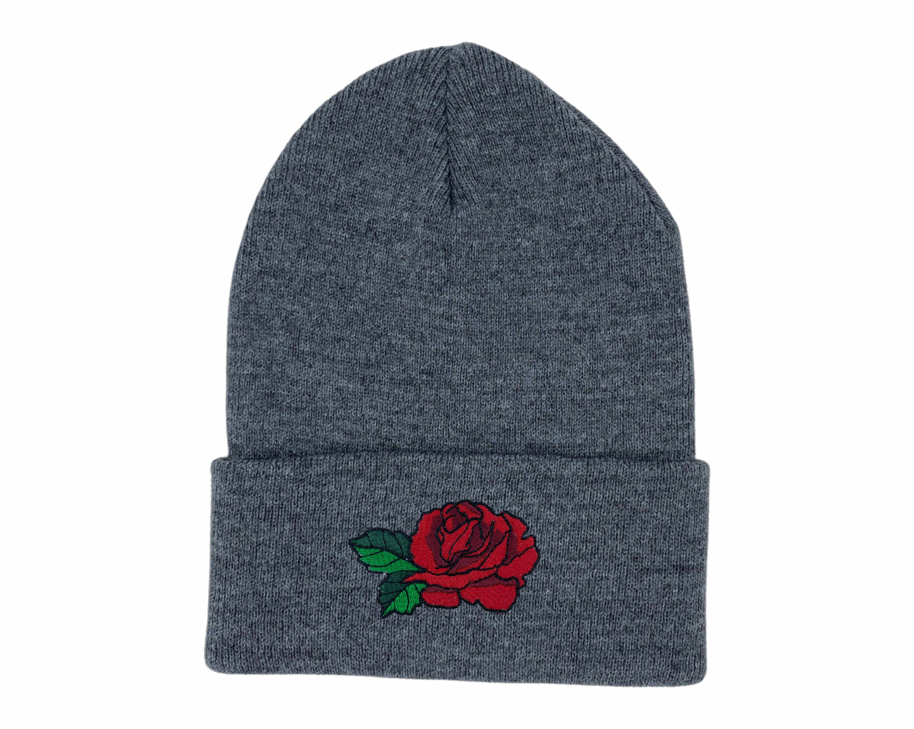 Red Rose Embroidered Winter Hat, Rose Embroidery Beanie, Cuffed Knit ...