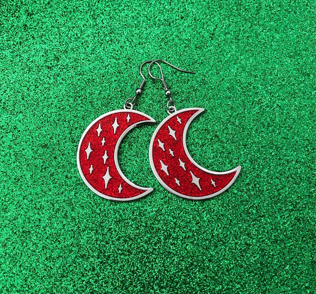 Red Starry Moon Earrings, Gothic Moon Earrings, Red Moon Earrings, Goth ...