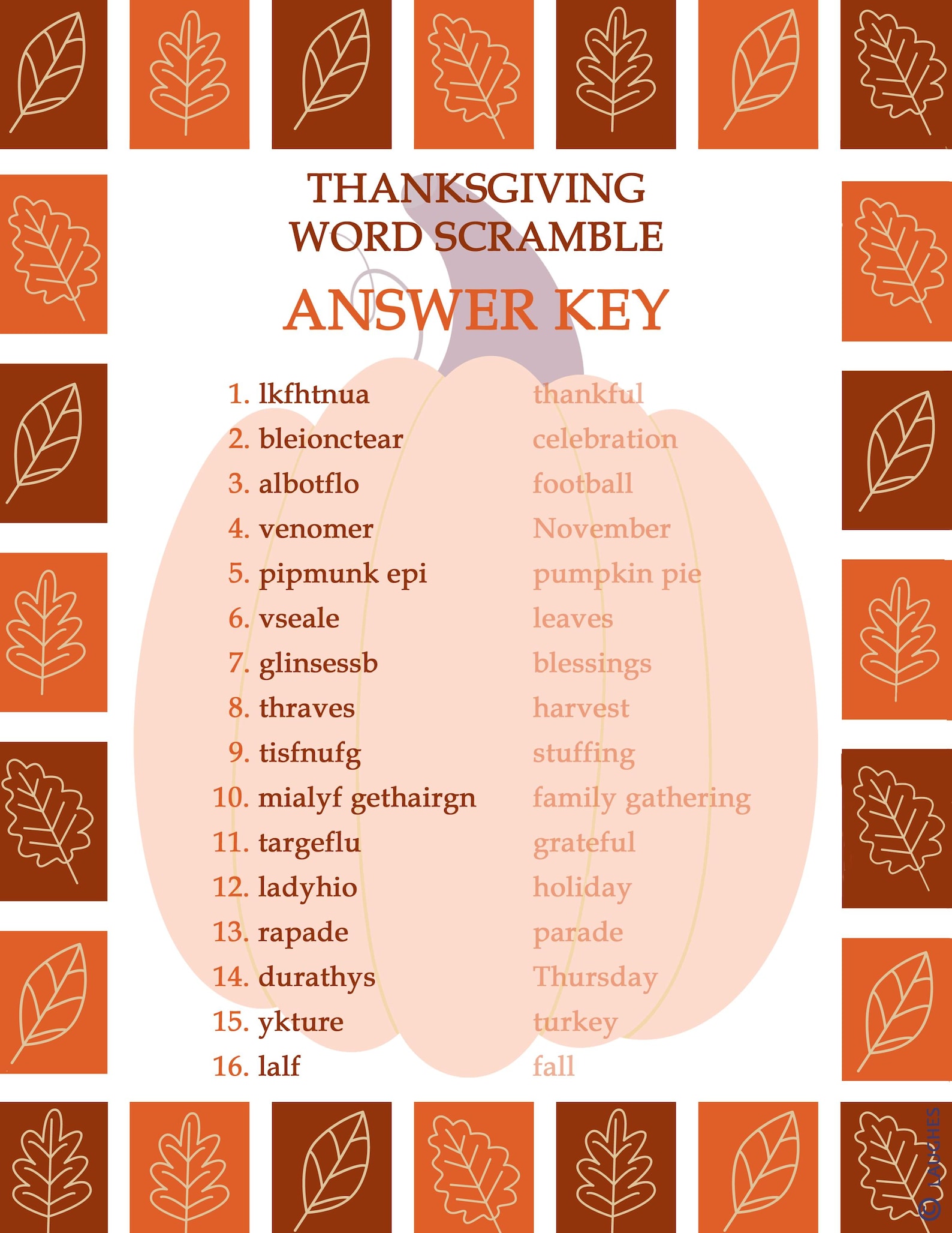 Thanksgiving Word Scramble Game; Fall Word Scramble; Autumn Word ...