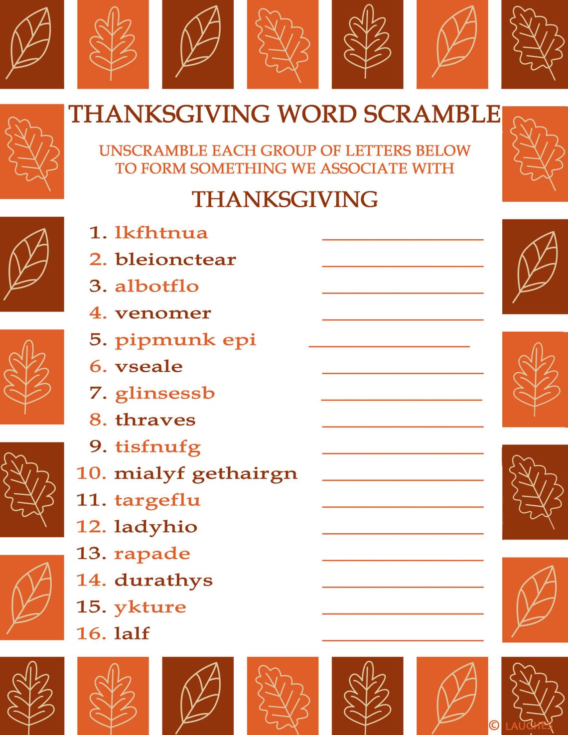 Thanksgiving Word Scramble Game; Fall Word Scramble; Autumn Word ...