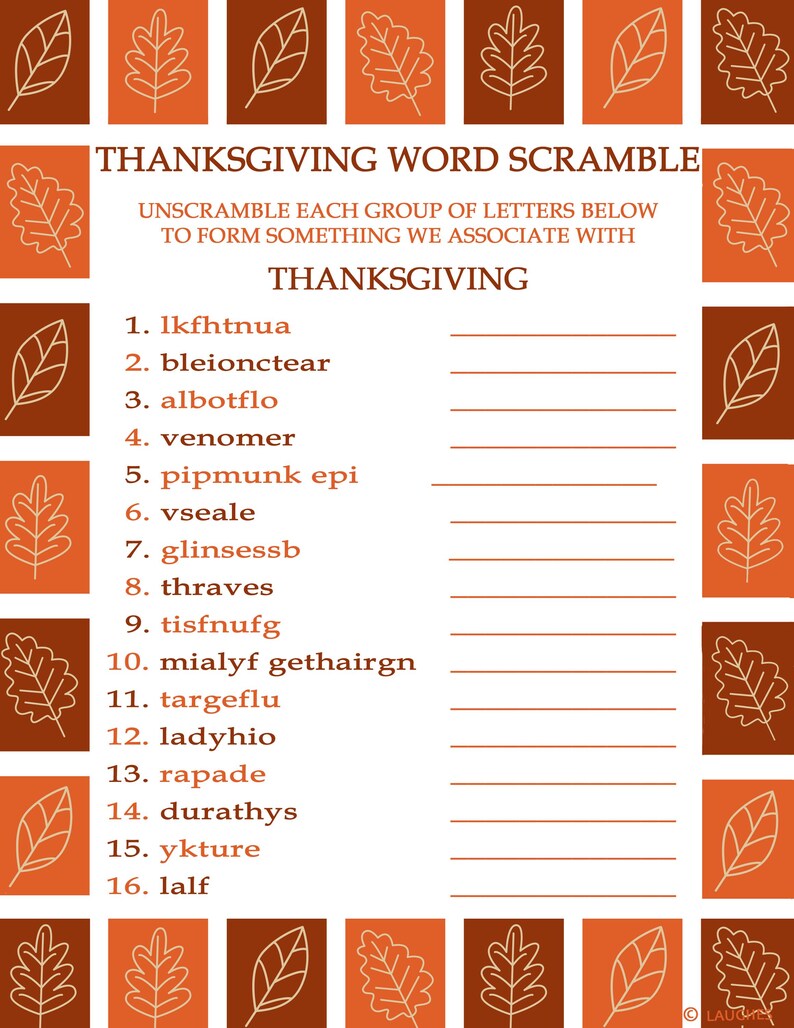 Thanksgiving Word Scramble Game; Fall Word Scramble; Autumn Word ...
