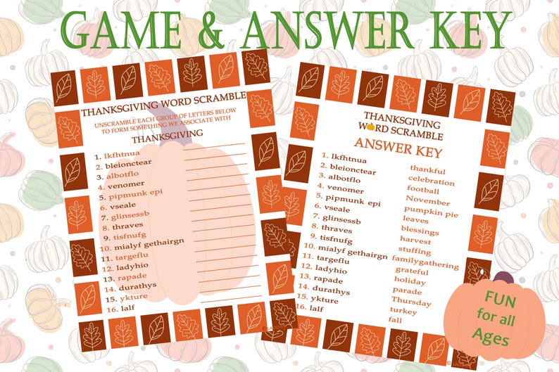 Thanksgiving Word Scramble Game; Fall Word Scramble; Autumn Word ...