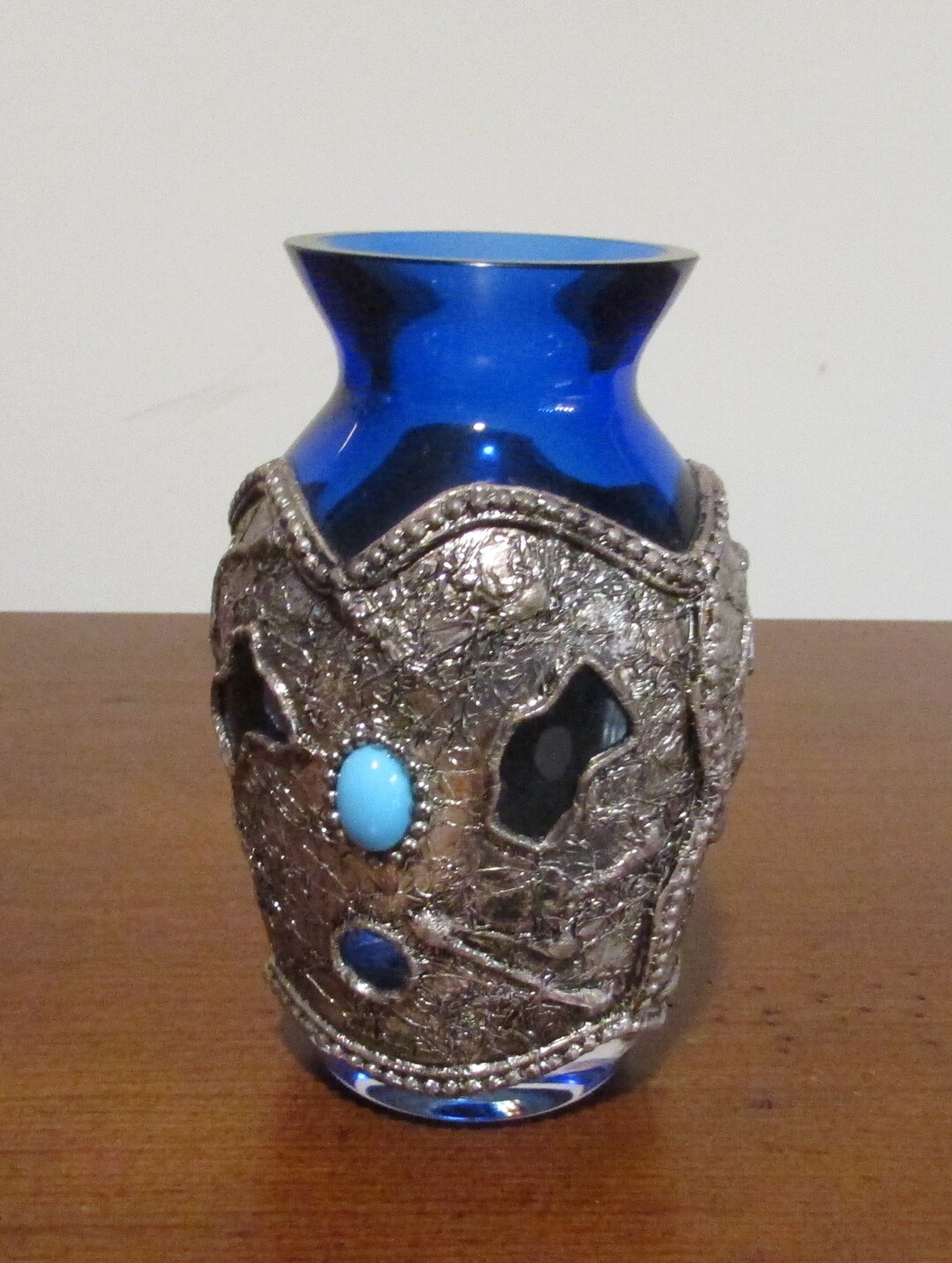 Turkish Blue Glass Metal Enclosed Vase - Etsy
