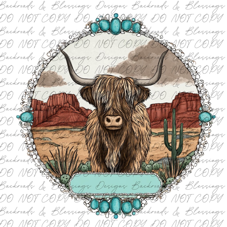 Western Highland Cow PNG, Turquoise Gem Frame With Desert Cactus Scene ...