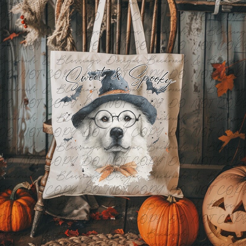 Sweet and Spooky Great Pyrenees PNG, Halloween Dog in Witch Hat, Cute ...