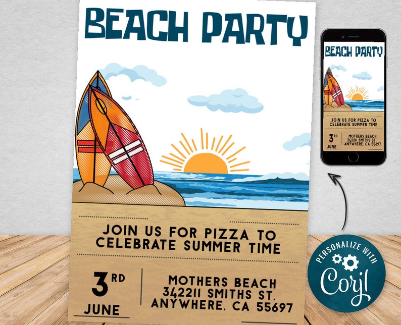 Editable Beach Invitation, Beach Party Invitation, Beach Template ...