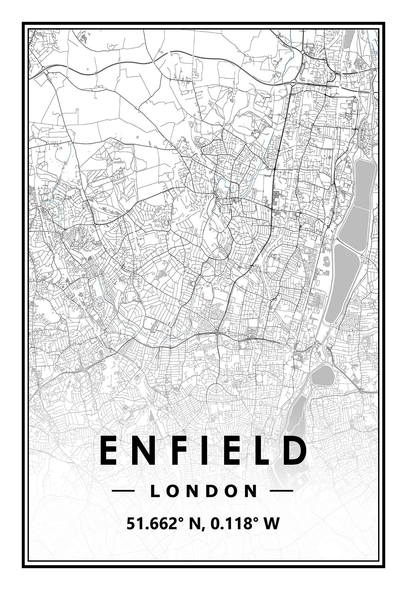 ENFIELD LONDON UK Portrait Map Minimal Scandinavian Nordic - Etsy UK