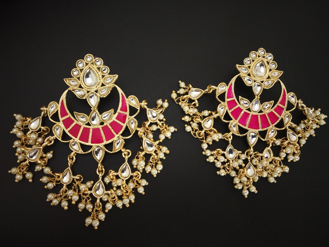Traditional Gold Plated Pink Colored Half Moon Pearl Jhumka With ...