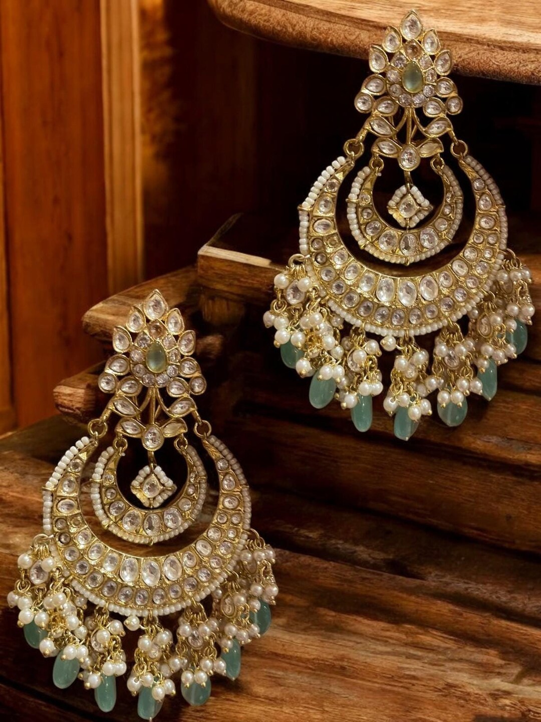 Golden Uncut Polki Diamond Big Size Chand Bali Earring, Black Meenakari ...