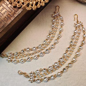Jadau Pacchi Kundan Ear Chain / Pearl Kaan Chain/ Earing Support Chain ...