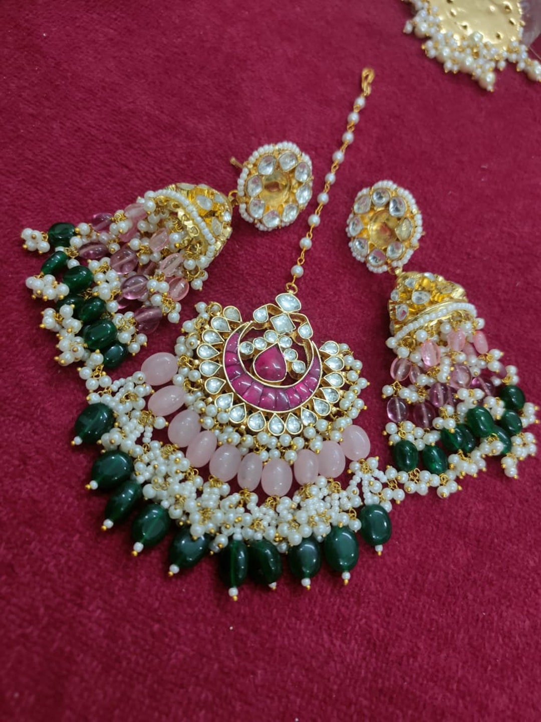 Very Fine Pacchi Jadau Kundan Long Jhumki With Mangtika Design Gold ...