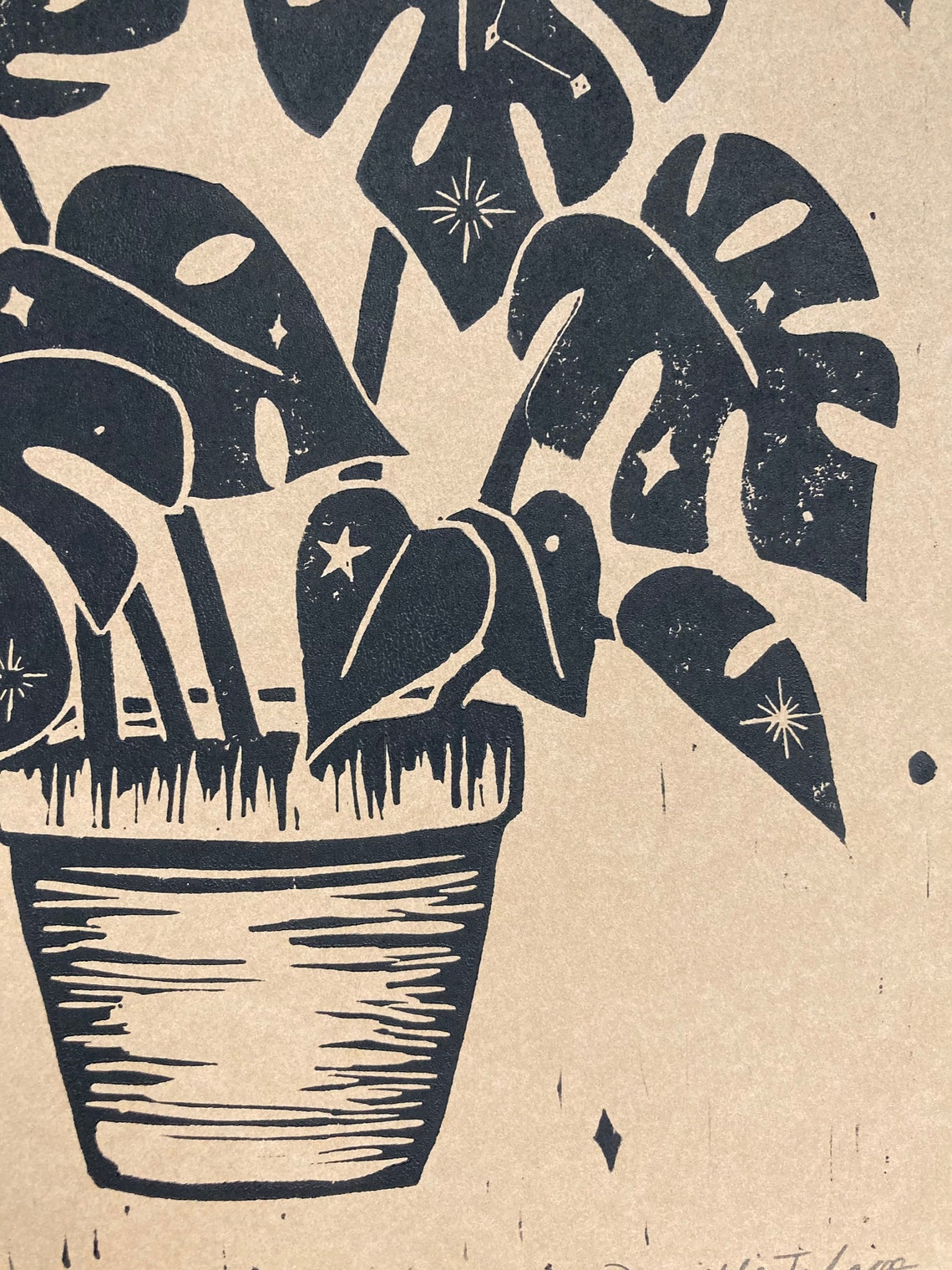 Celestial Monstera Print | Linoleum Block Print | Original Print - Etsy