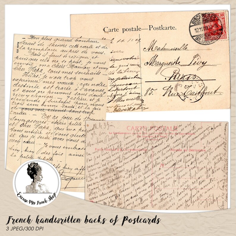 Digital Vintage handwritten postcards' backs letters in | Etsy