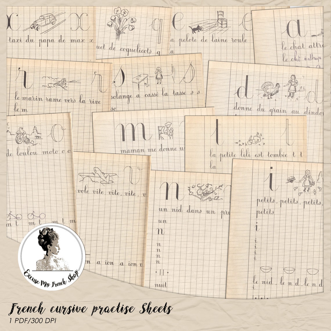 French Cursive Practice Sheets, Printable Handwriting Worksheets for ...