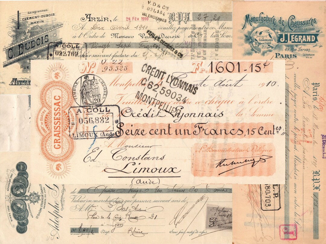 Vintage French Checks Digitals Antique Papers Downloadable Files Retro ...