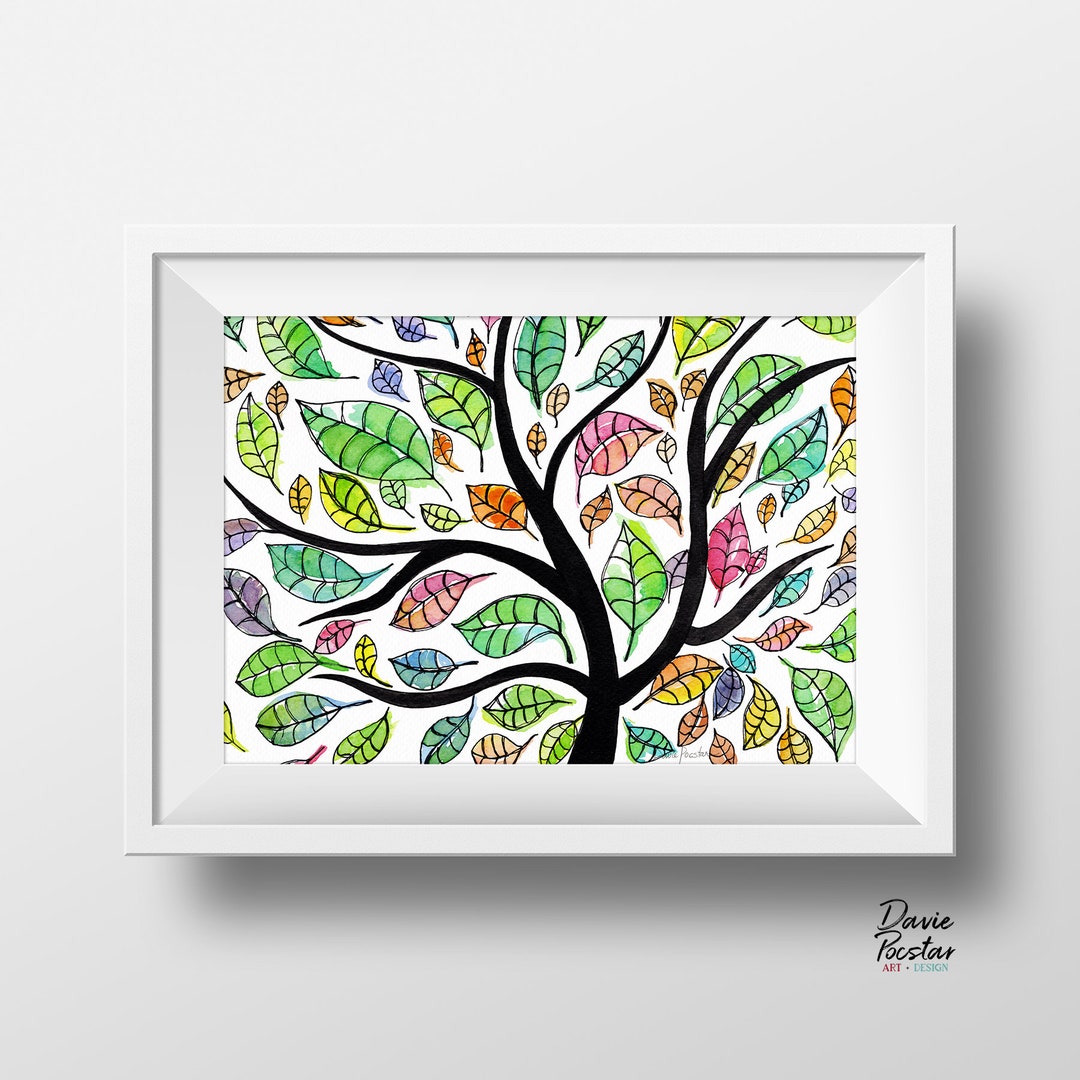 Stylized Tree and Leaves Watercolor Illustration Print, Colorful Leaves ...