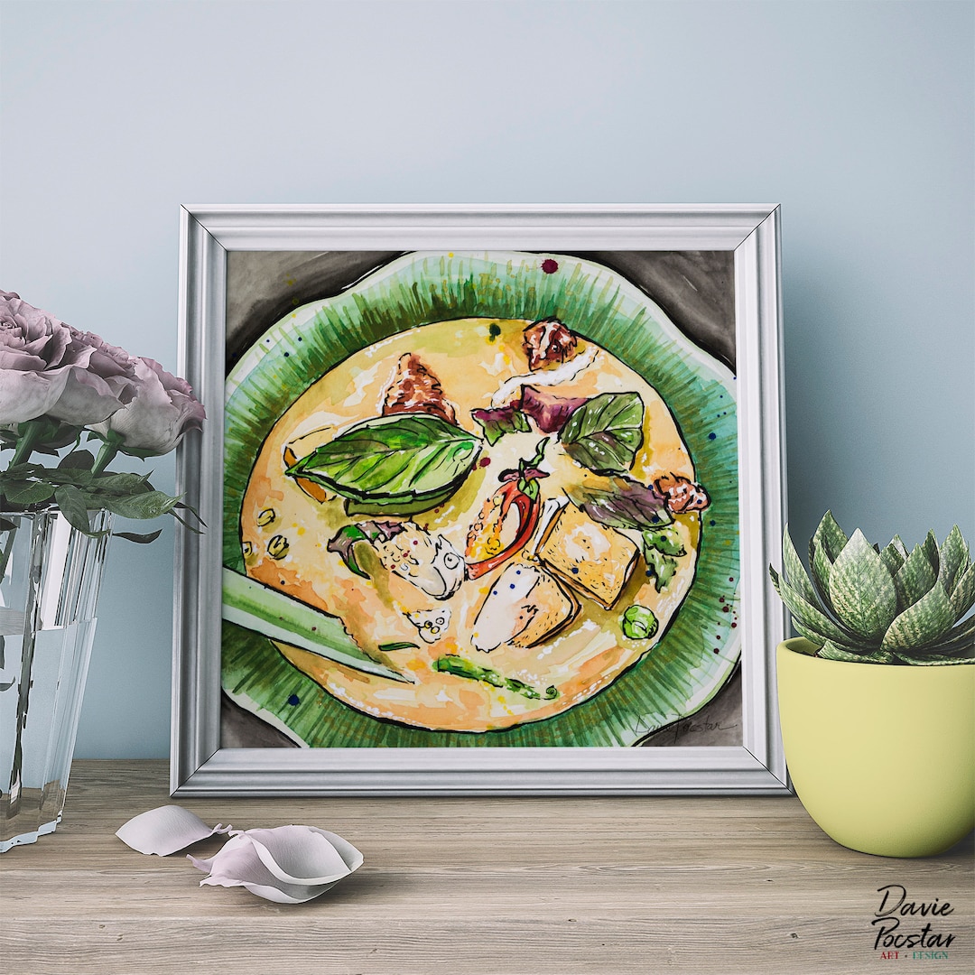 Thai Green Curry Watercolor Art Print, Thai Food Food Illustration ...