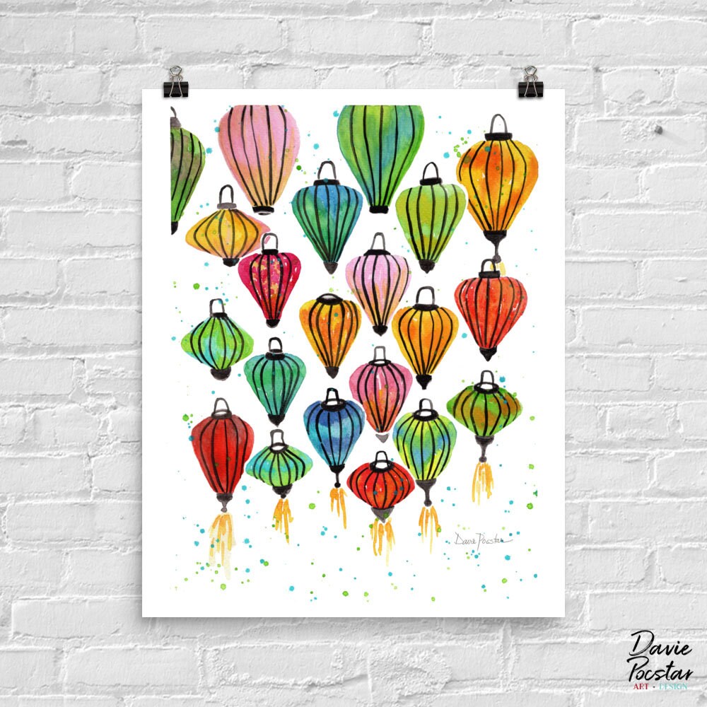 Vietnamese Lanterns Watercolor Art Print, Colorful Lanterns ...