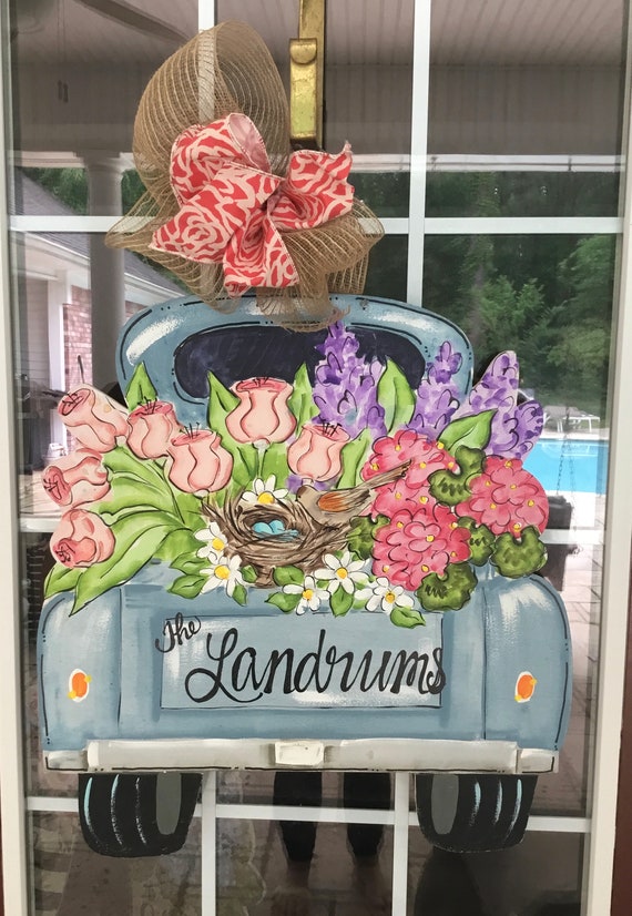 Spring Truck Floral Painted Door Hanger Farmhouse | Etsy