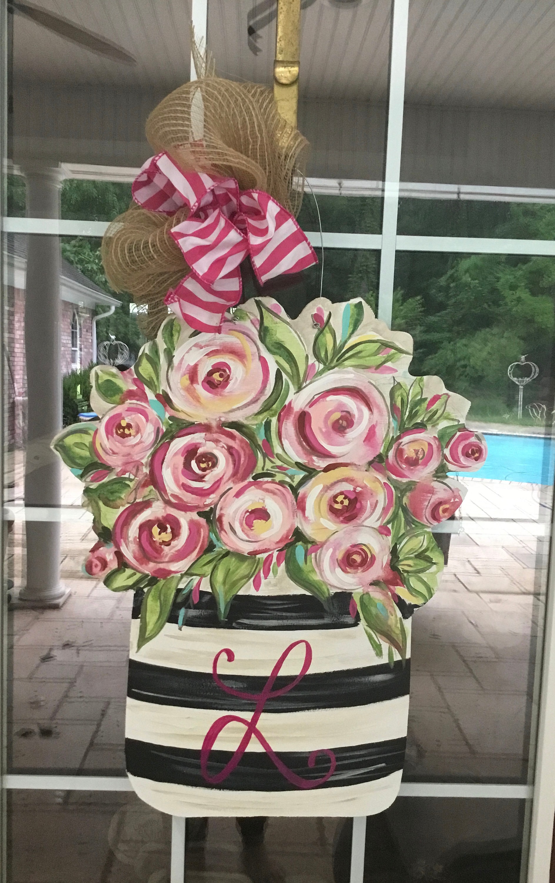 Vintage Rose Striped Floral Door Hanger Painted Personalized | Etsy