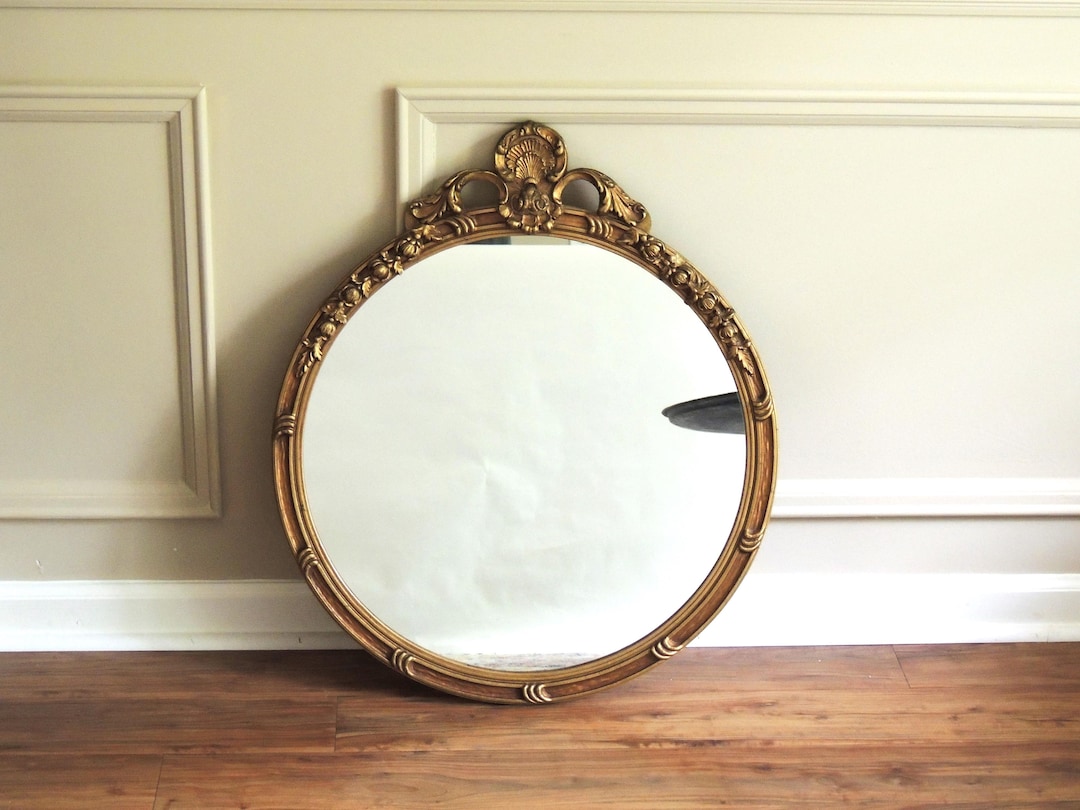 Antique Round Carved Wood Wall Mirror, Gesso and Gilt, Ornate Framed ...