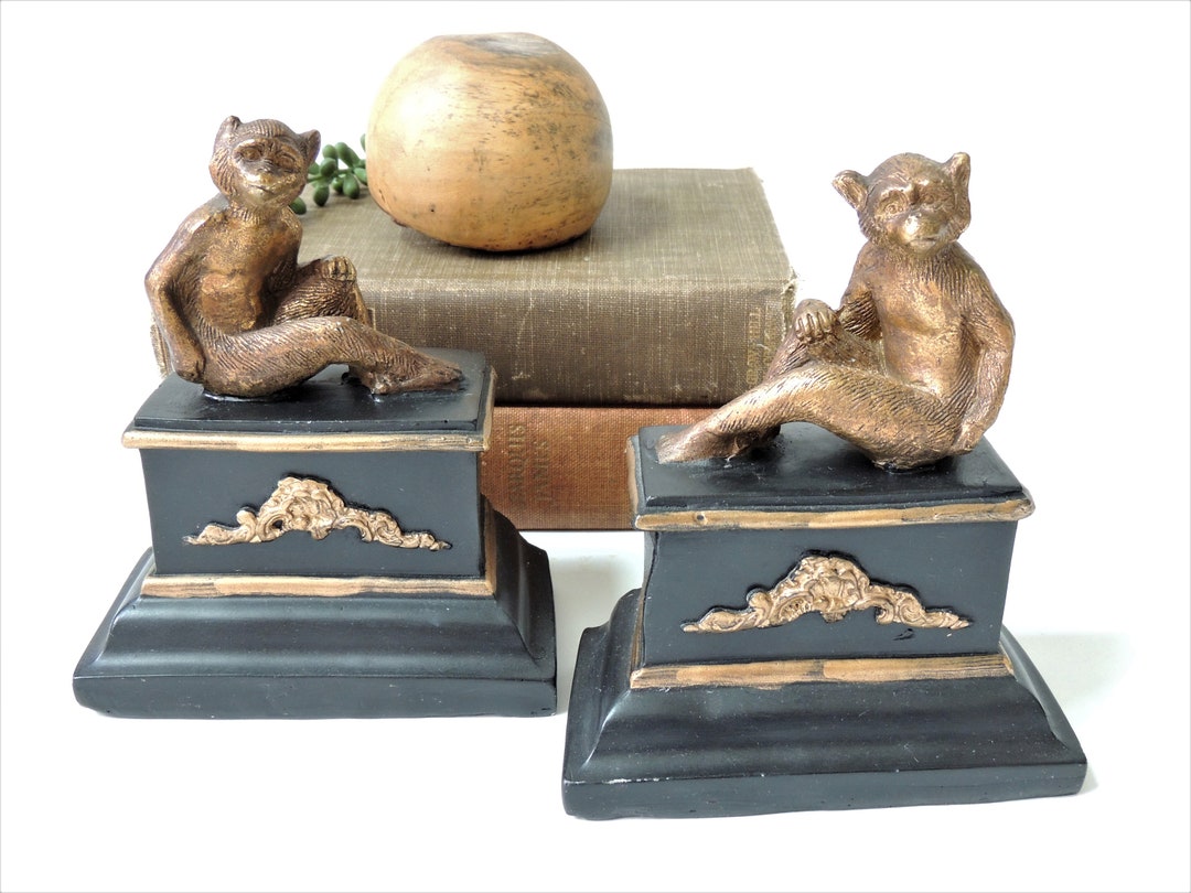 Vintage Monkey Bookends, 80s Decor, Gold and Black Monkey on Pedestal ...