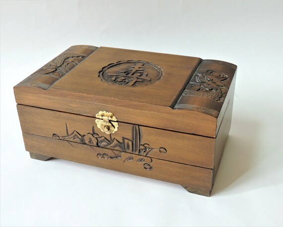 Vintage Jewelry Music Box, Chinese hand carved wood, … - Gem