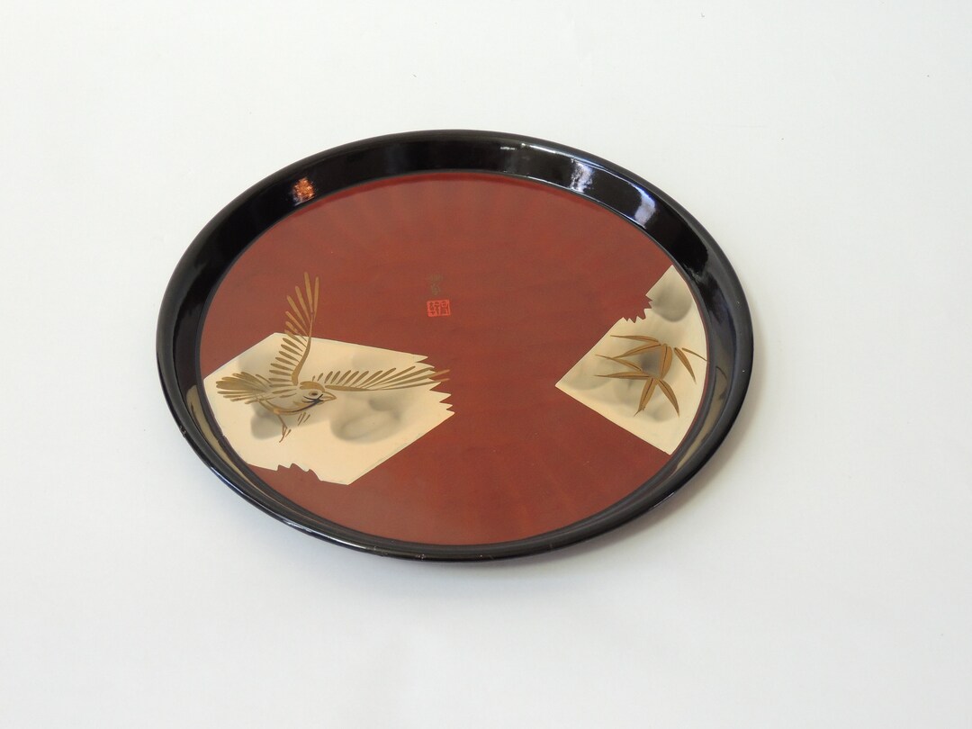 Japanese Lacquerware Tray, Hand Painted, Bird in Flight, Barware, Tea ...