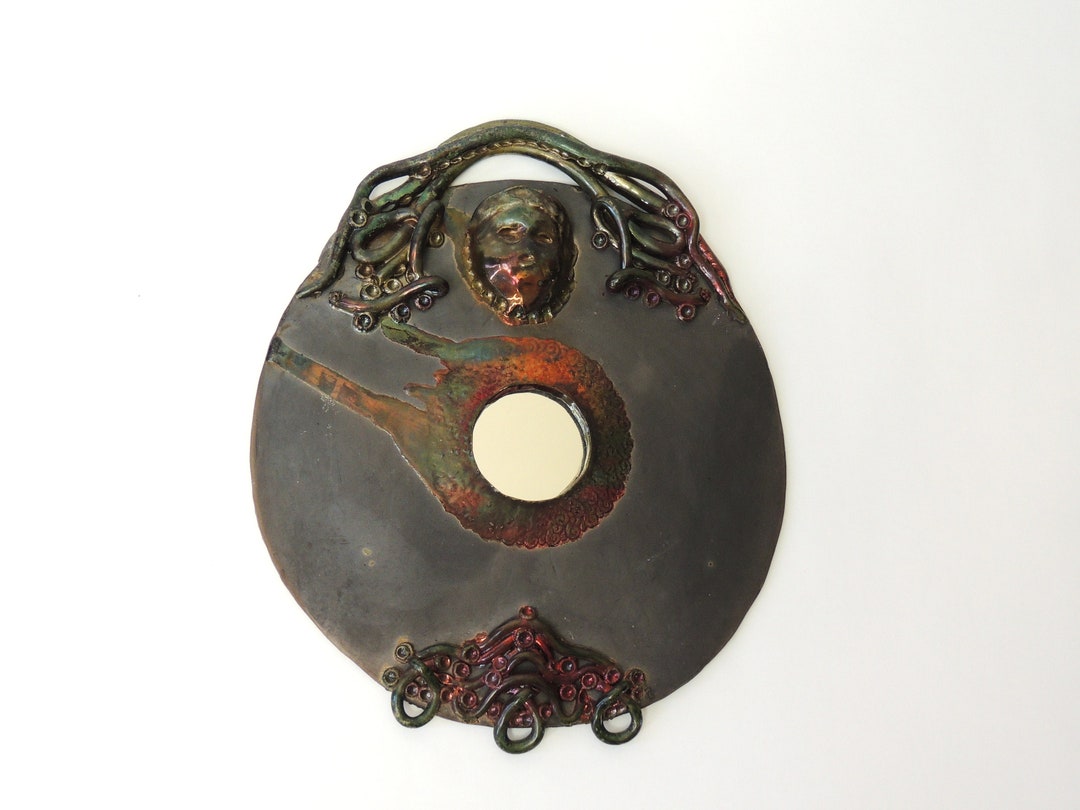 Decorative Pottery Mirror, Cherub Putti Detail, Clay Small Round Mirror ...