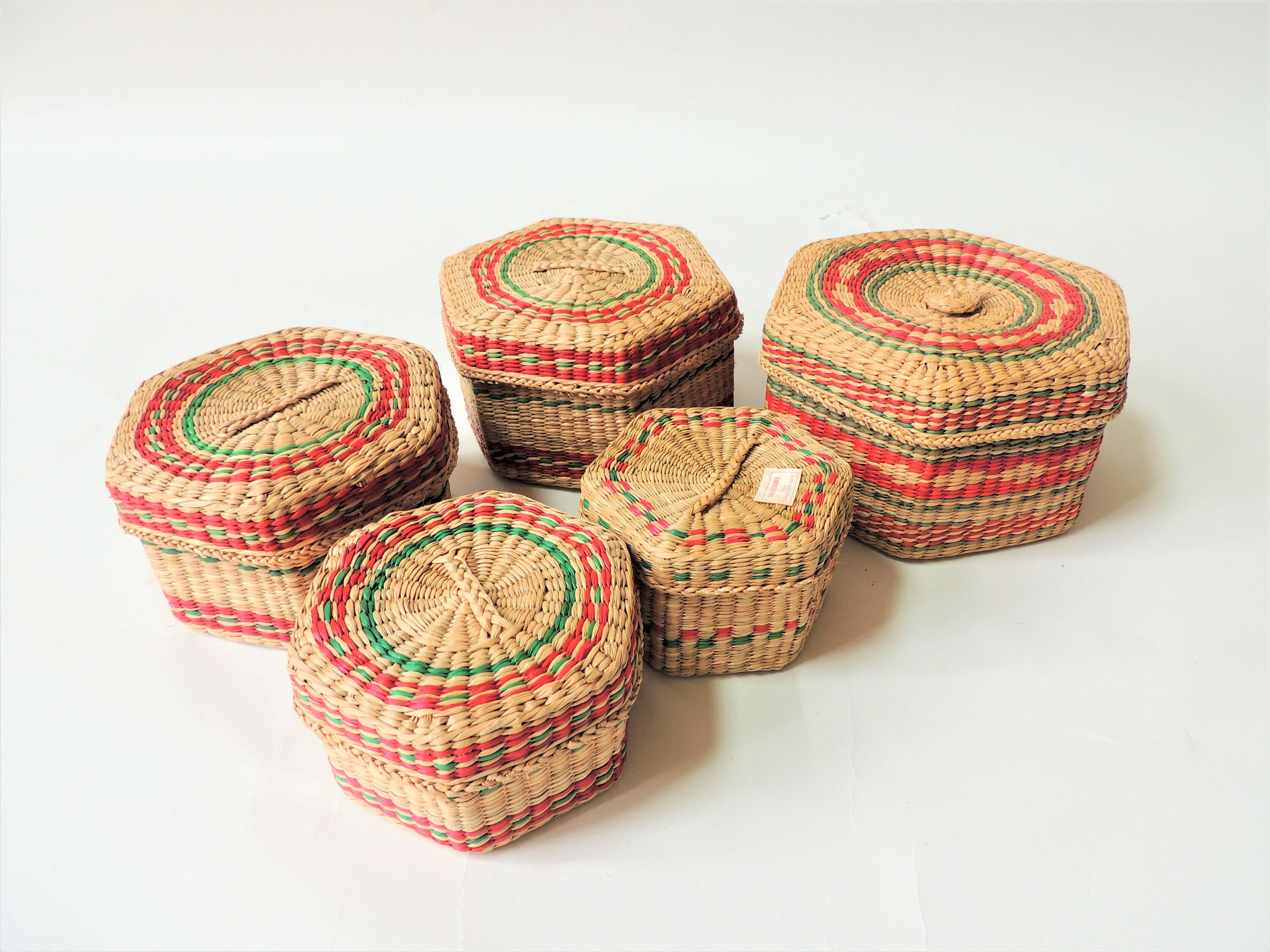 Vintage Handmade Set of Five Woven Baskets Nesting Octagonal Baskets ...
