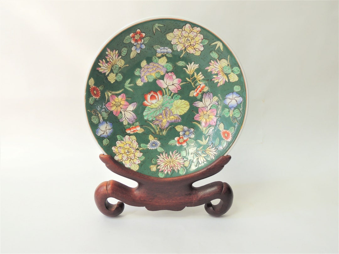 Vintage Chinese Decorative Bowl on Stand, Large Shallow Bowl, Green ...