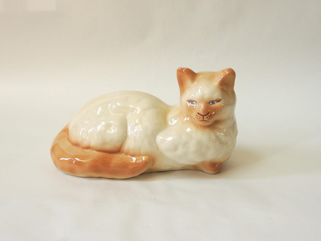 Vintage Large Ceramic Cat Statue, Siamese, Blue Eyes, 70s Decor, Tan ...