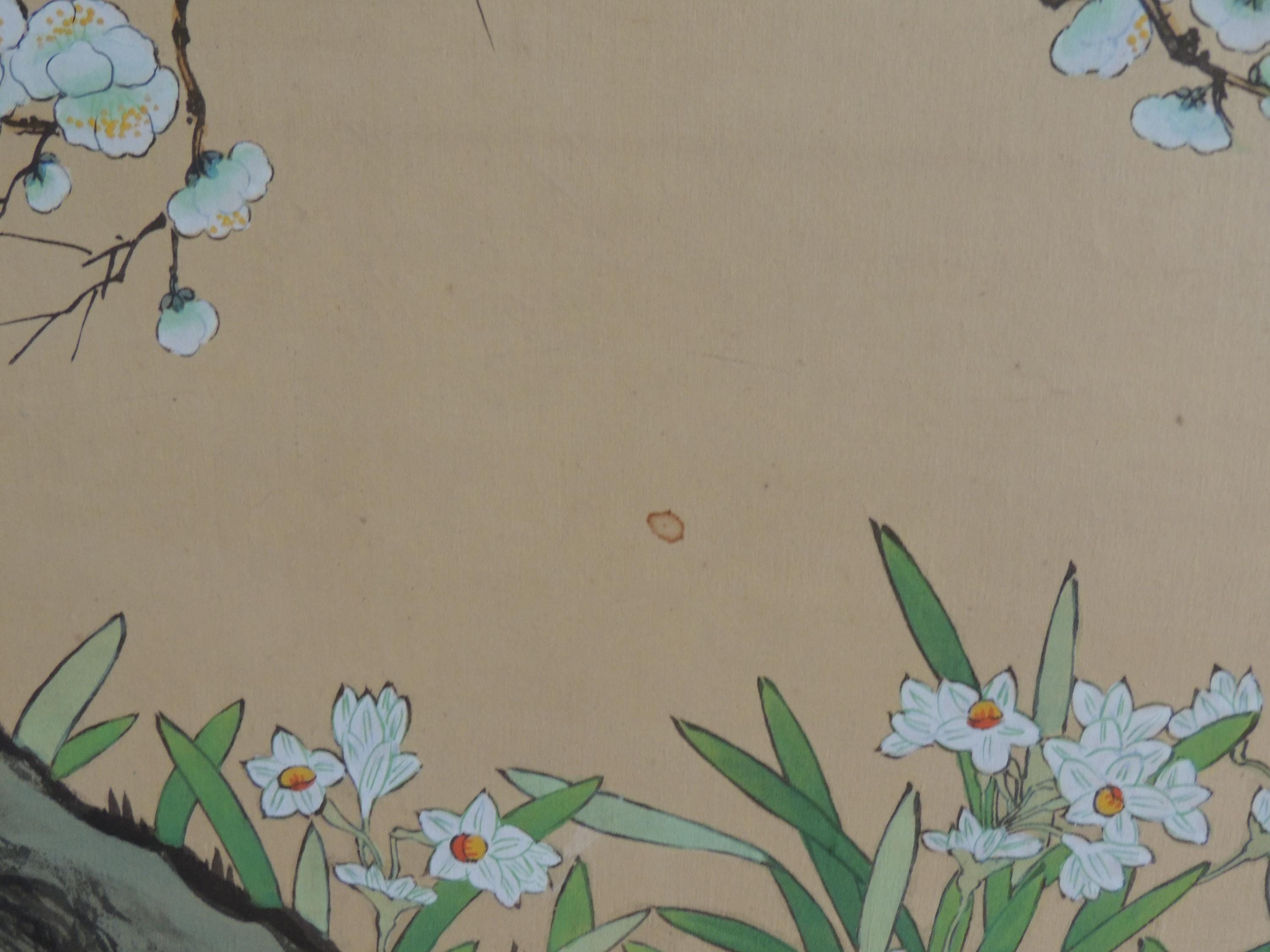 Large Chinese Four Panel Silk Screen, Hand Painted, Cherry Blossom and ...