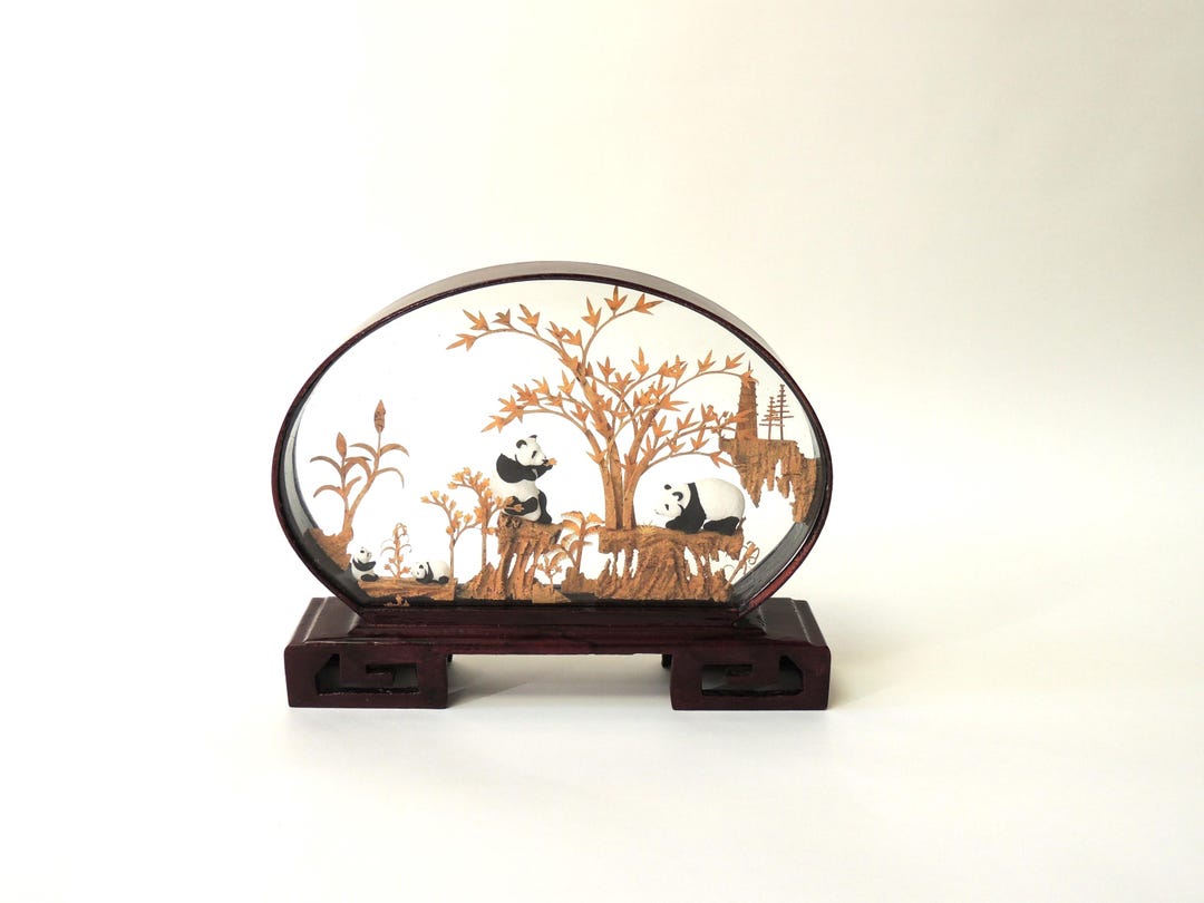 Chinese Panda Diorama, Vintage Cork Art, Wood Shadowbox - Etsy