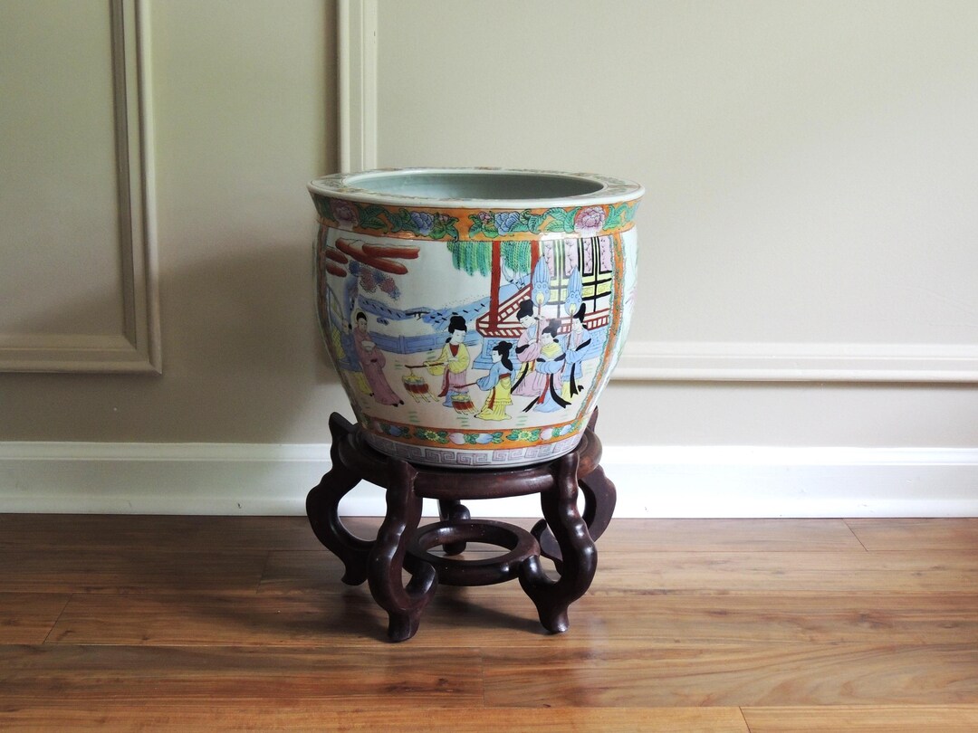 Large Chinese Fish Bowl Pot With Stand, Floor Planter, Hand Painted ...