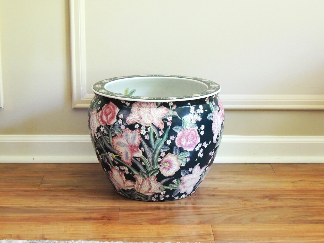 Vintage Large Chinese Fish Bowl Pot, Hand Painted Floor Planter, Koi ...