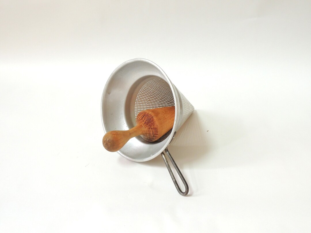 Vintage Cone Shaped Sieve With Pestle, Aluminum, Mid Century Kitchen ...