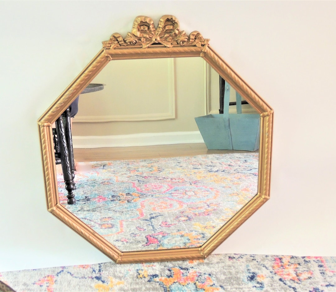 Vintage Gold Wall Mirror, Carved Wood, Octagon, Wavy Glass, Bow and ...
