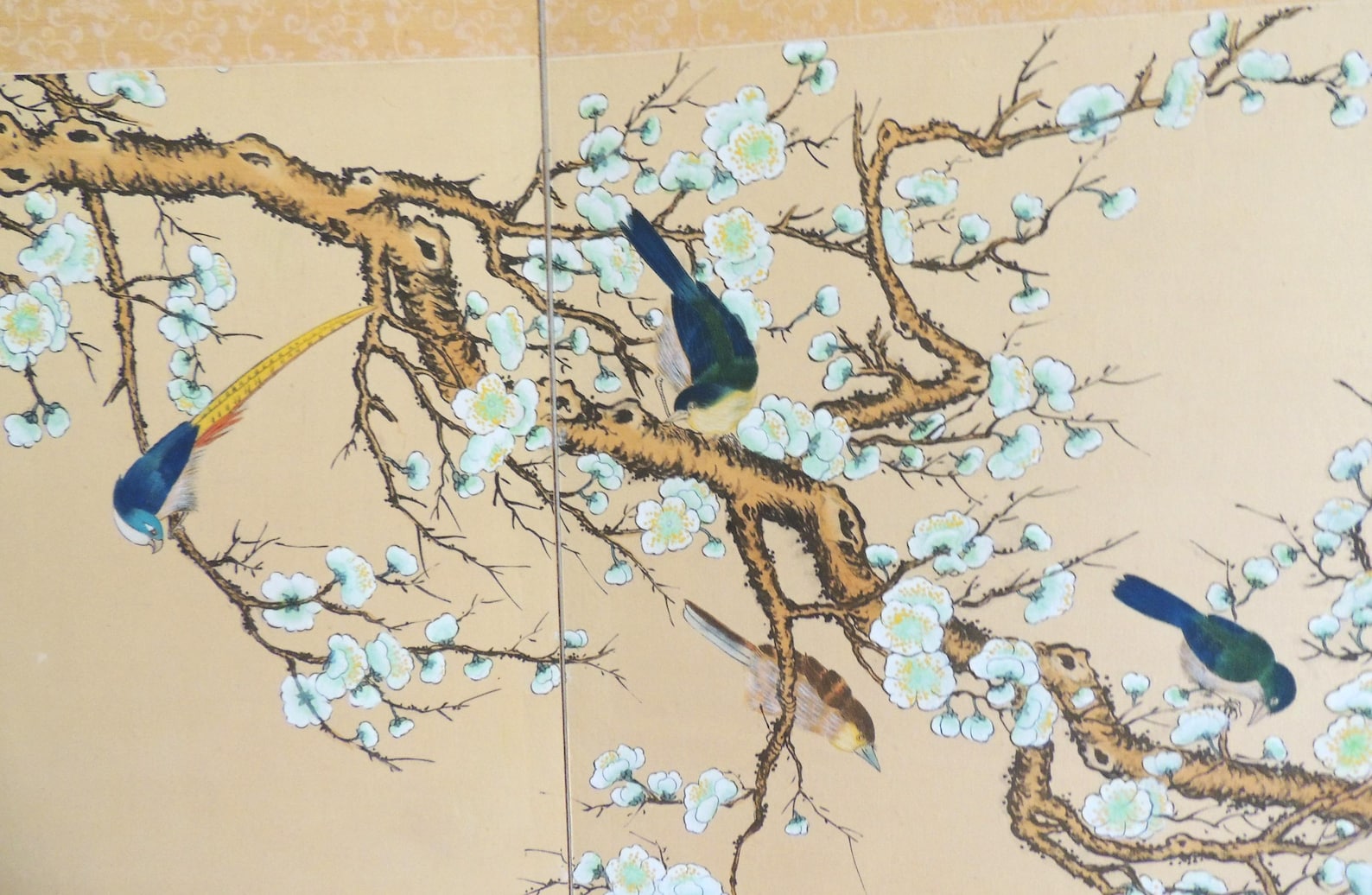 Large Chinese Four Panel Silk Screen, Hand Painted, Cherry Blossom and ...