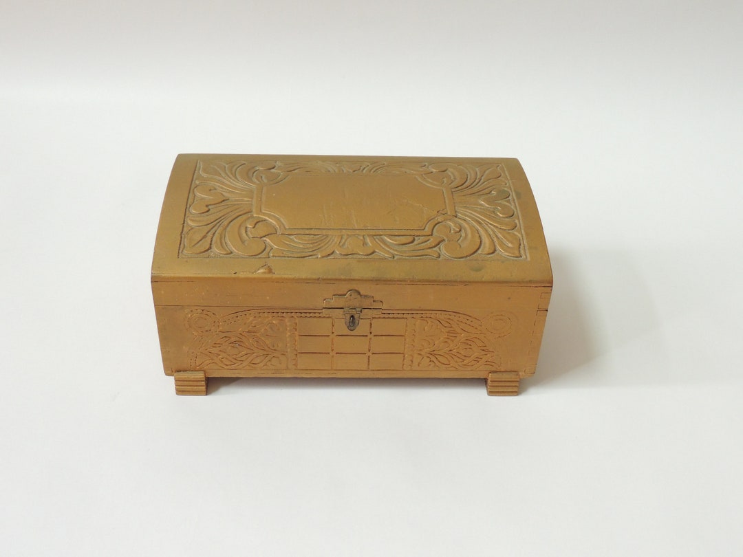 Large Wooden Box, Hinged With Lid, Vintage Box for Storage, Gold Finish ...