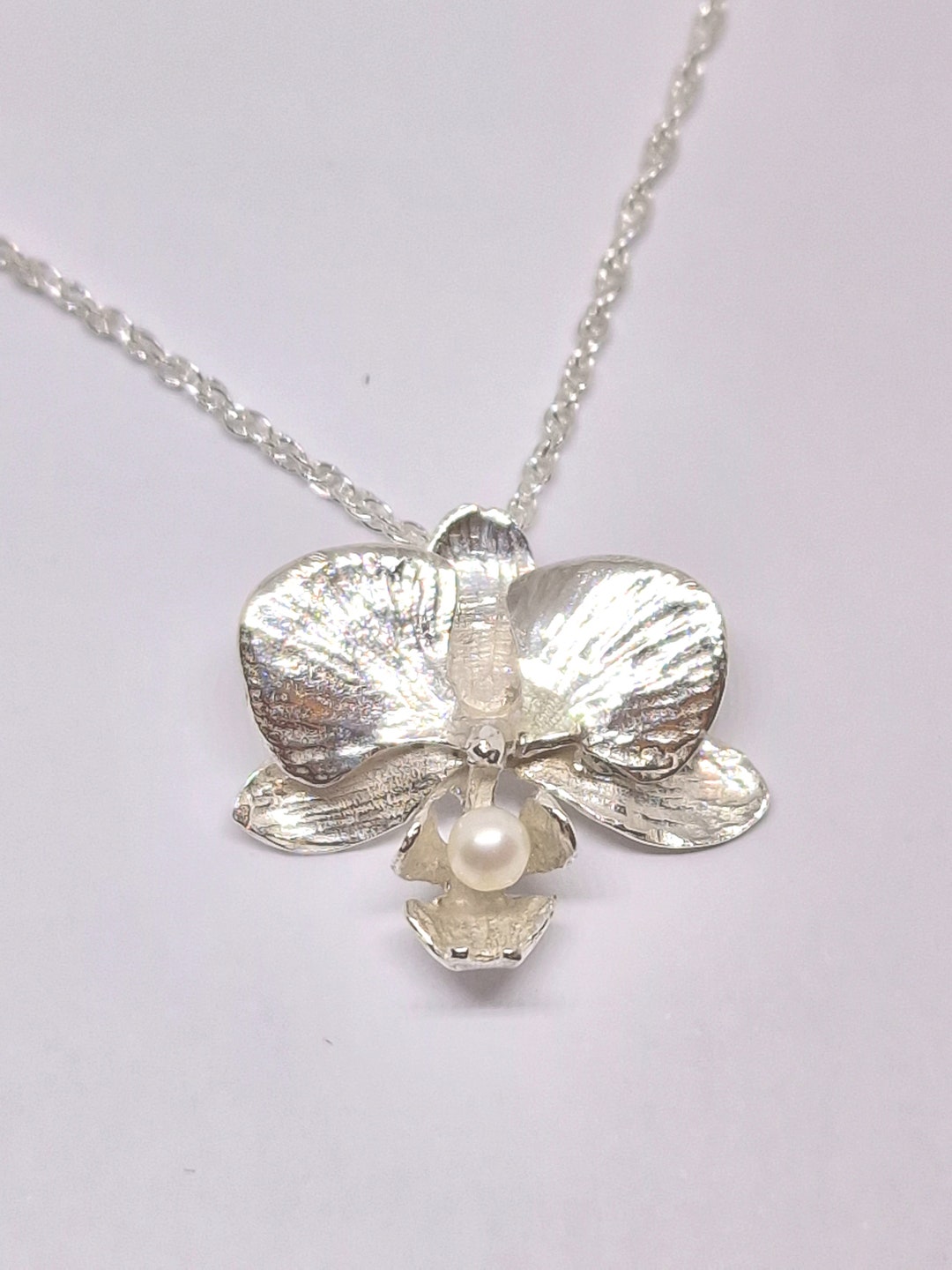 Handmade Sterling Silver Orchid Pendant With Pearl, 18" Chain - Etsy