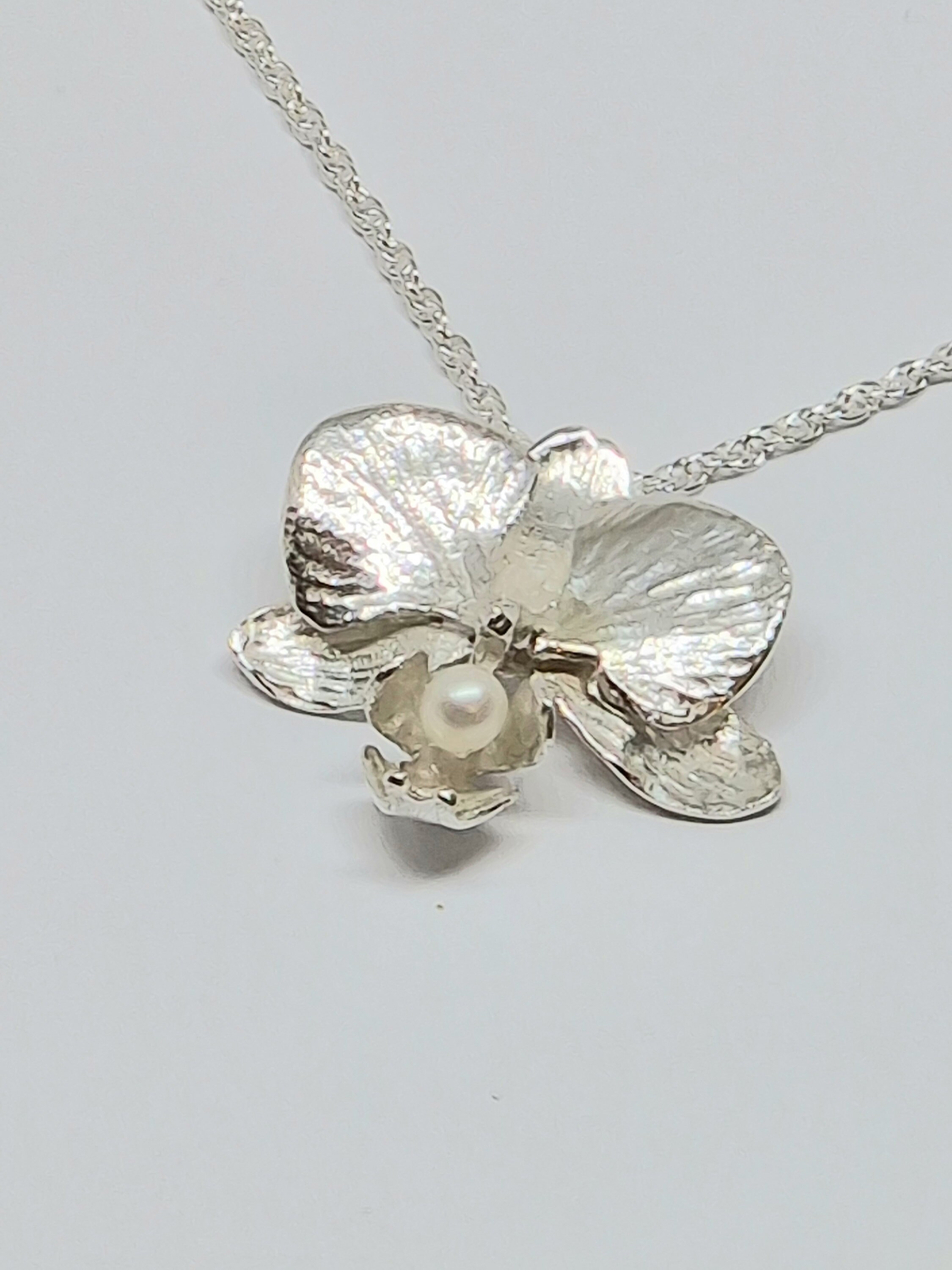 Handmade Sterling Silver Orchid Pendant With Pearl, 18" Chain - Etsy