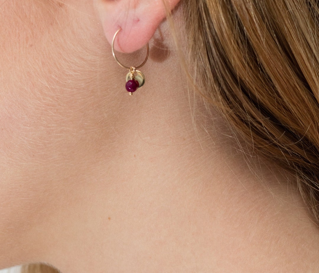 Minimalist Hoop Earrings Garnet Gemstone Lola , Dainty Hoops, Gold ...