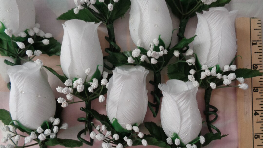 Set of 8, Five Inch White Rosebud Boutonnieres With Baby's Breath - Etsy