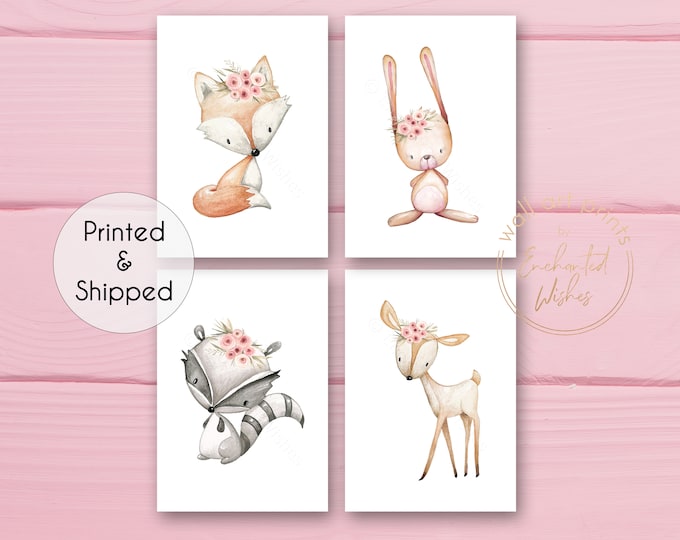 Boho Woodland Animals Set of 4 Prints, Boho Floral Animals, Woodland ...
