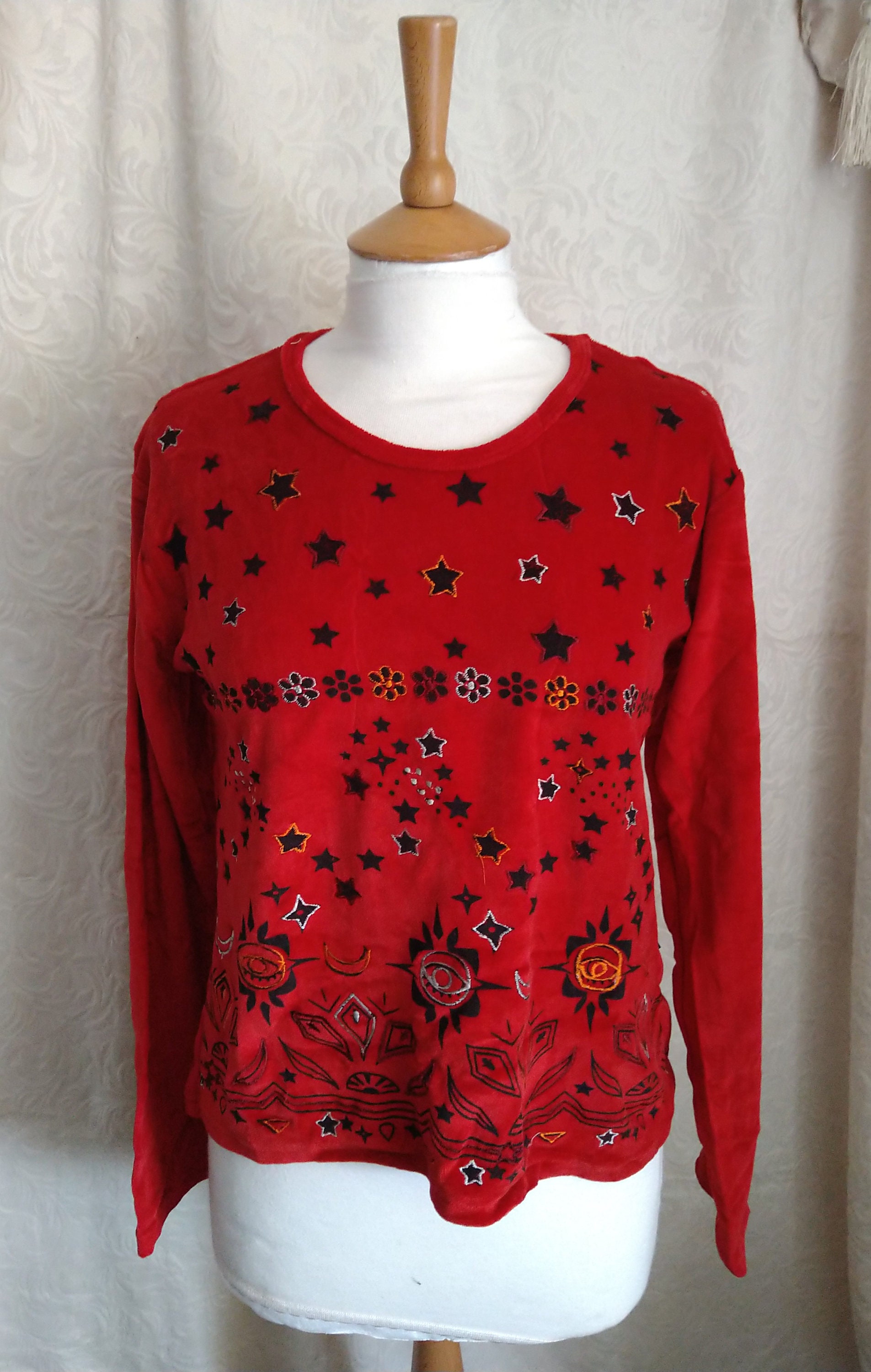 Long Sleeve Embroidered Velour Top - Etsy