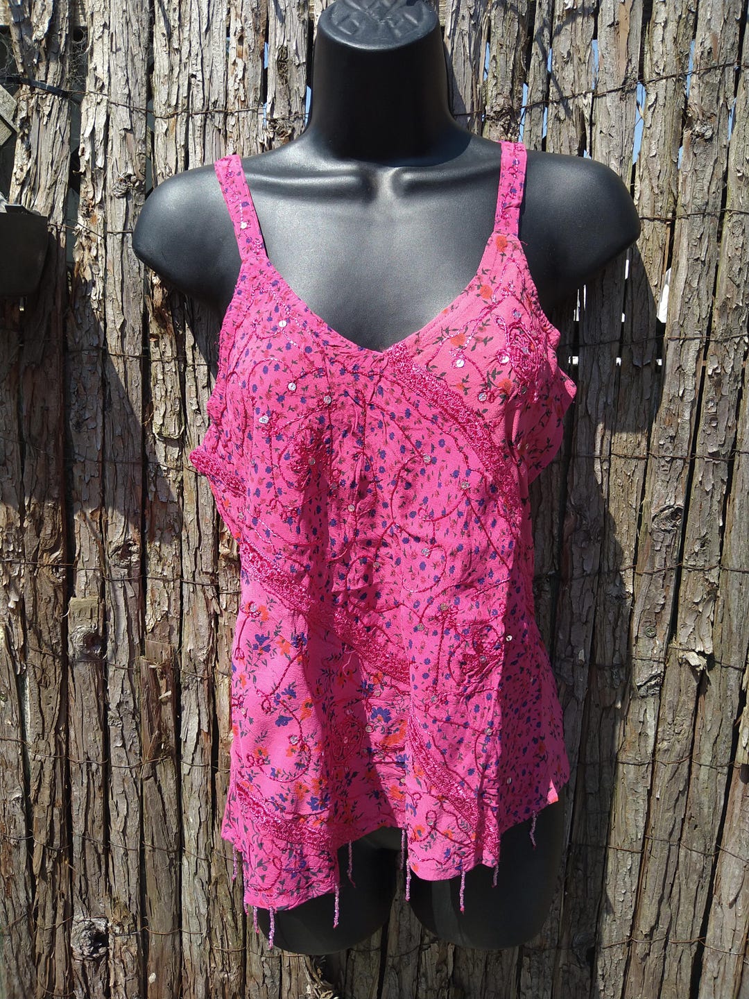 Floral Print Sequin Trim Strappy Sun Top - Etsy