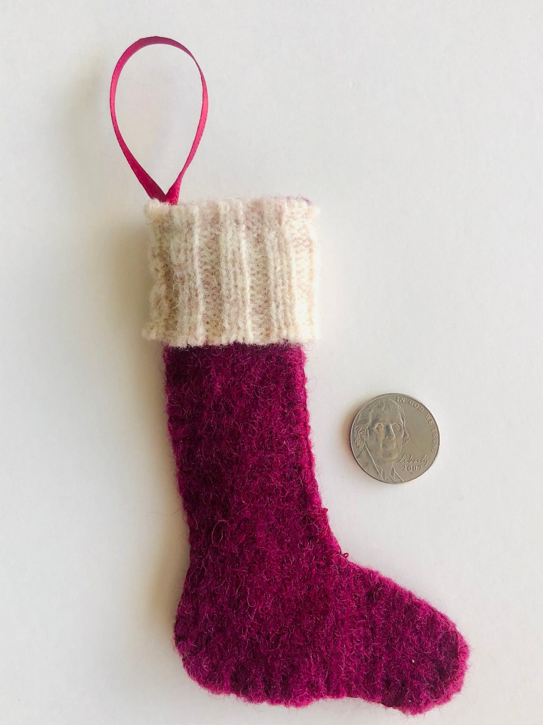 Mini CHRISTMAS STOCKING ORNAMENT Raspberry Recycled Boiled Wool Xb22-4 ...