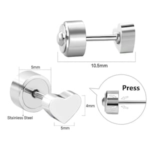 Heart Snap on Back Stud Earrings, Stainless Steel - Etsy
