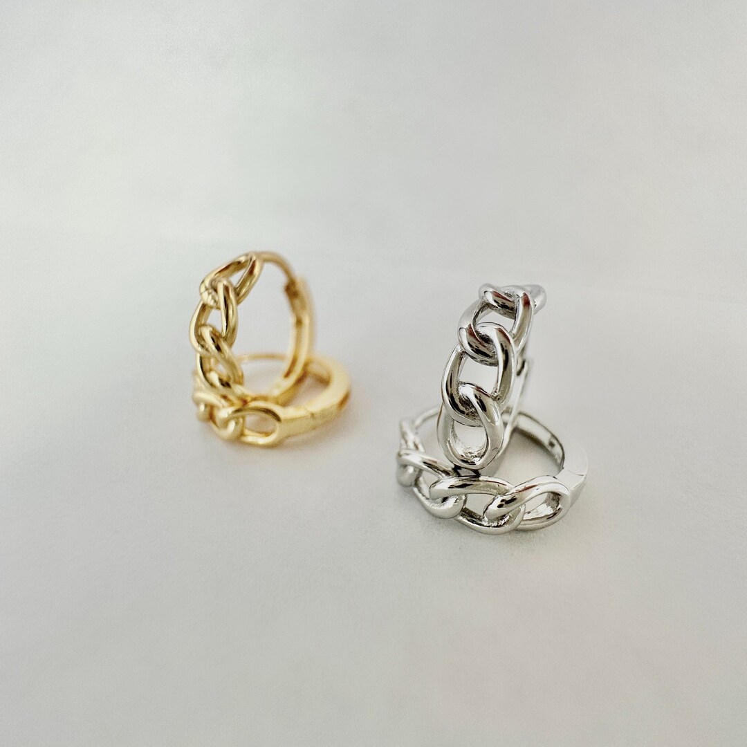Chain Huggie Hoop Earrings, Sterling Silver - Etsy